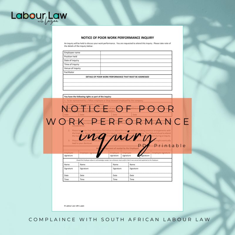 Notice of Poor Work Performance Inquiry Template - Labour Law with Luzan